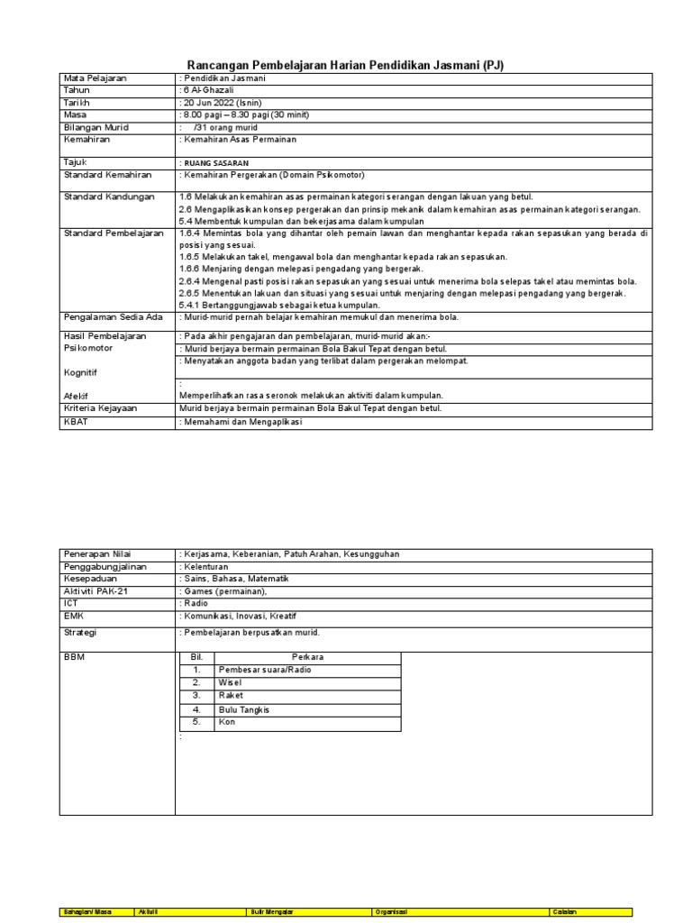 RPH Pendidikan Jasmani Tahun 6 | PDF