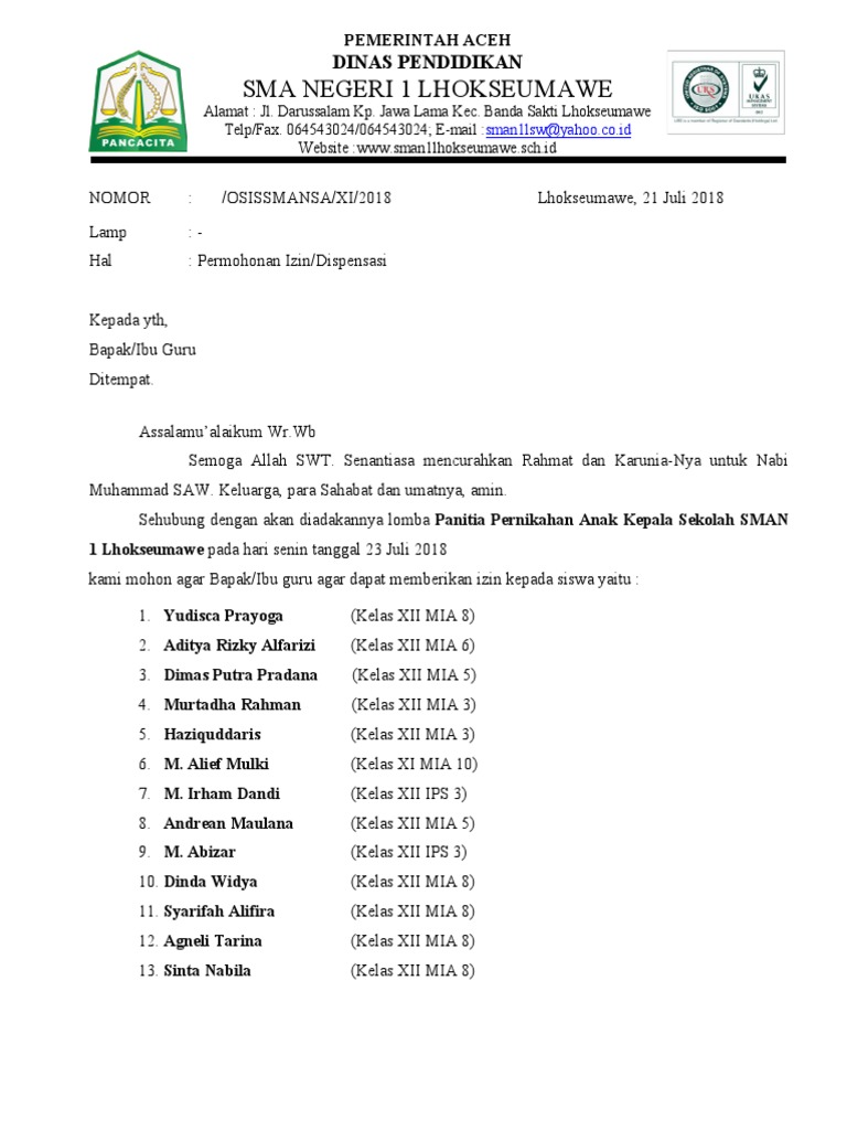 SURAT Permohonan Izin Siswa | PDF