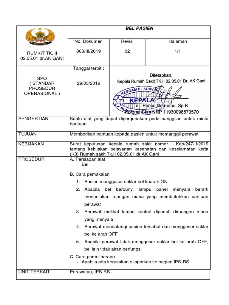 Kebijakan Penggunaan Bel Pasien Rumah Sakit | PDF