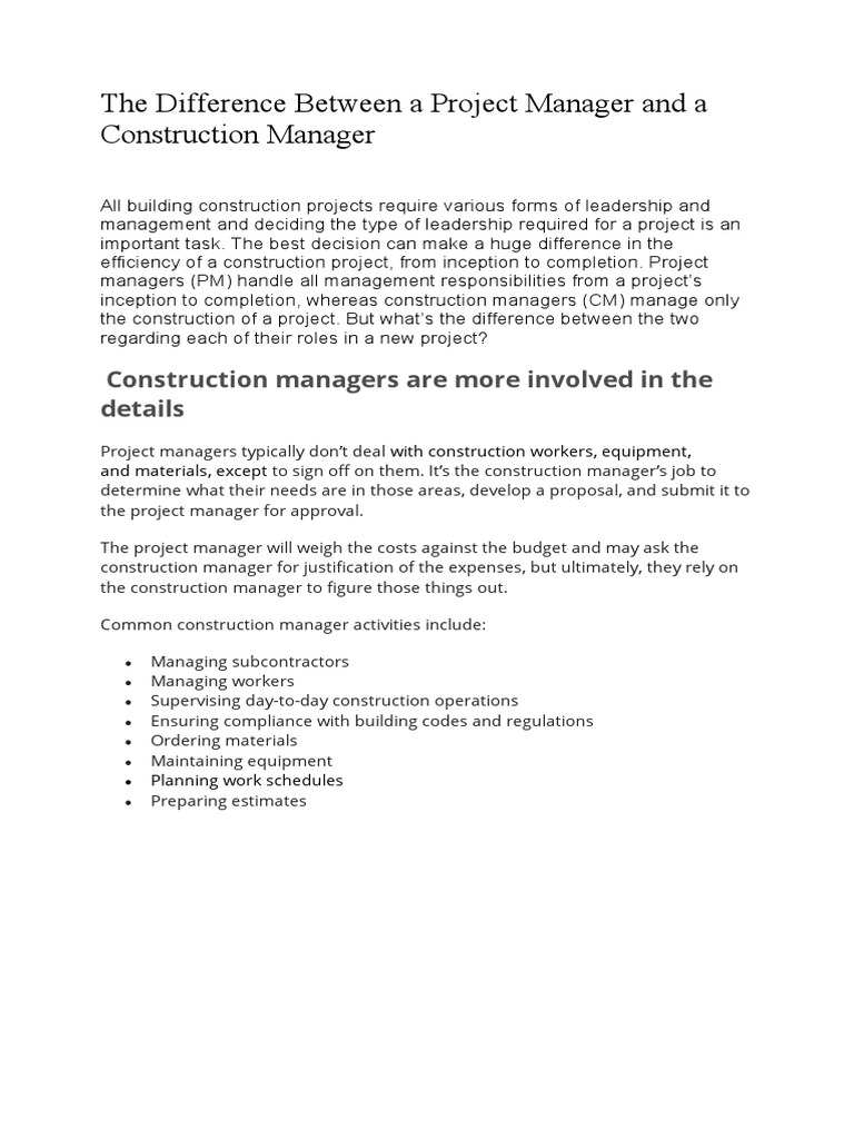 Project Manager vs. Construction Manager | PDF | Procurement | Business