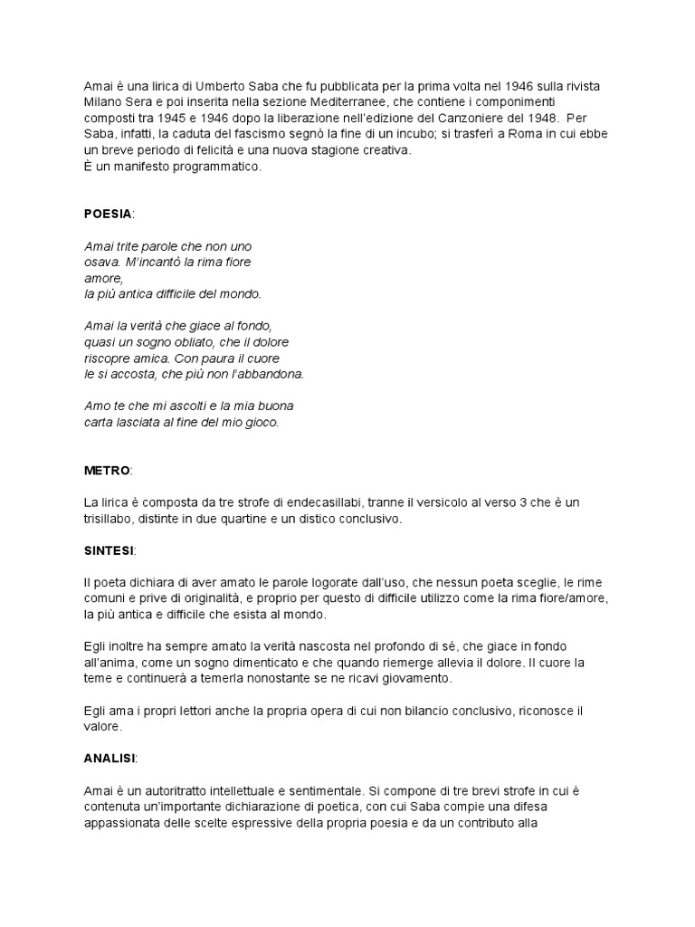 Analisi Amai - Umberto Saba | PDF