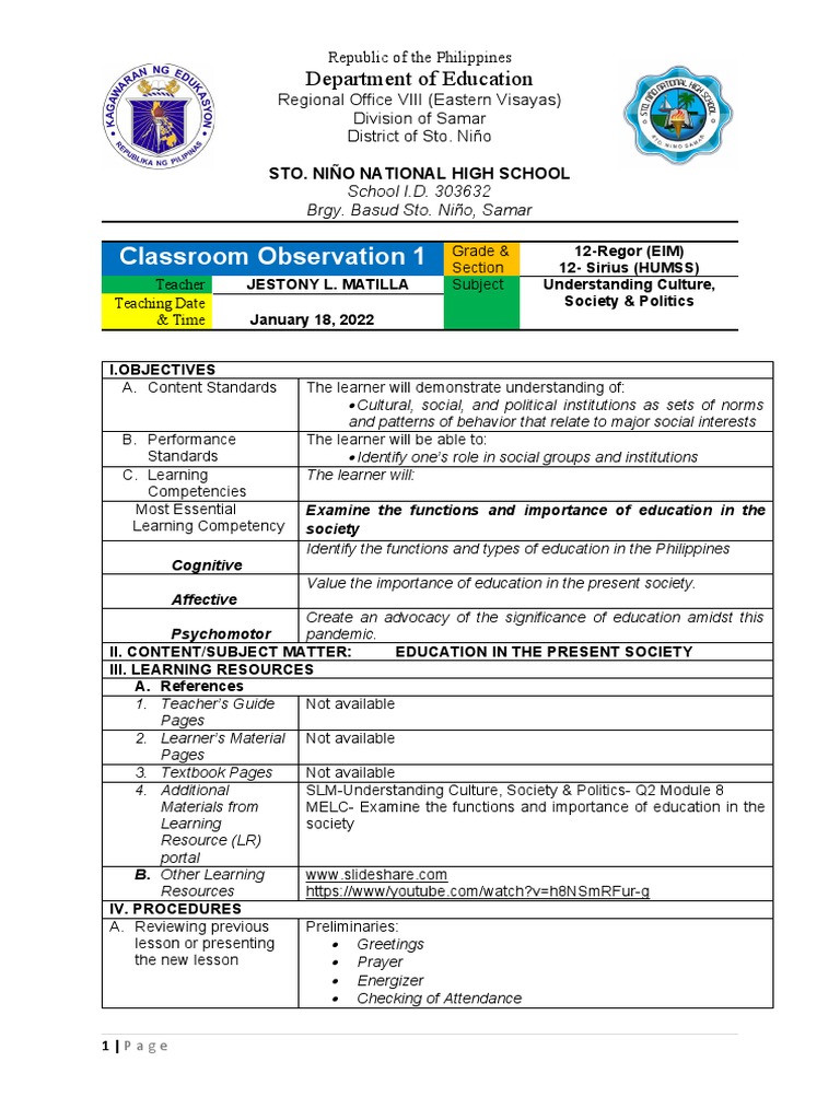 Classroom Observation 1: Department of Education | PDF | Teaching ...