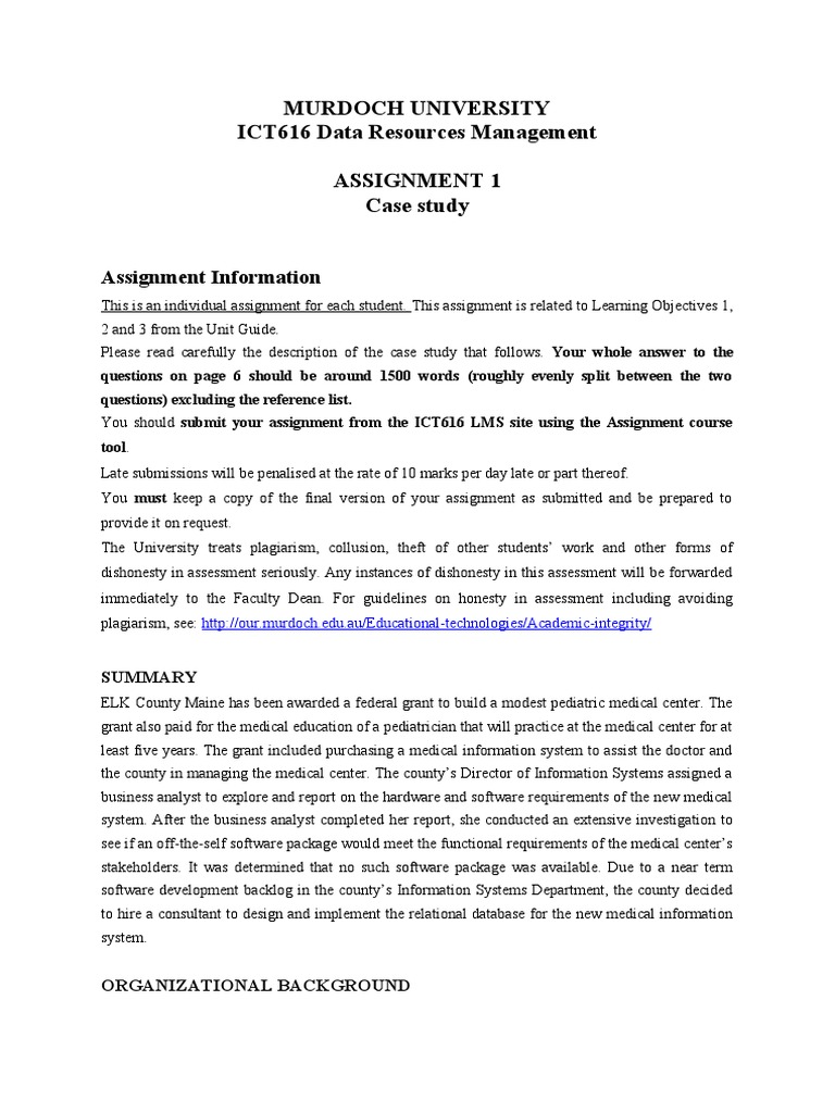 Murdoch University ICT616 Data Resources Management Assignment 1 Case Study | PDF | Relational ...