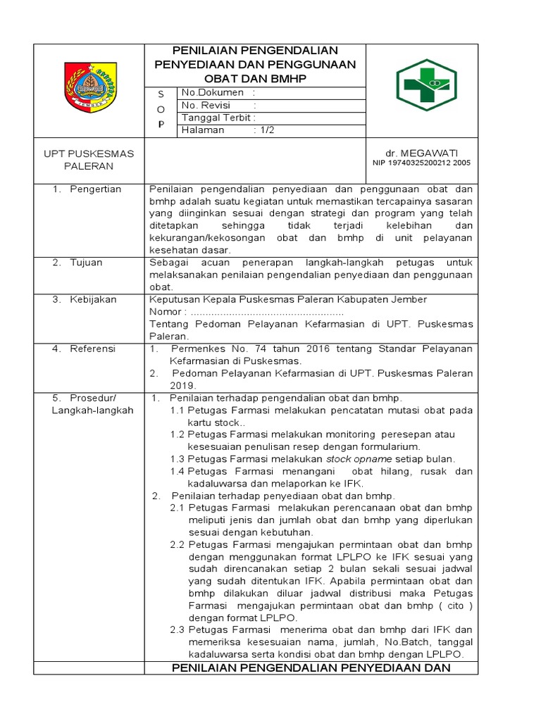 Sop Penilaian Pengendalian, Penyediaan Dan Penggunaan Obat Dan BMHP | PDF