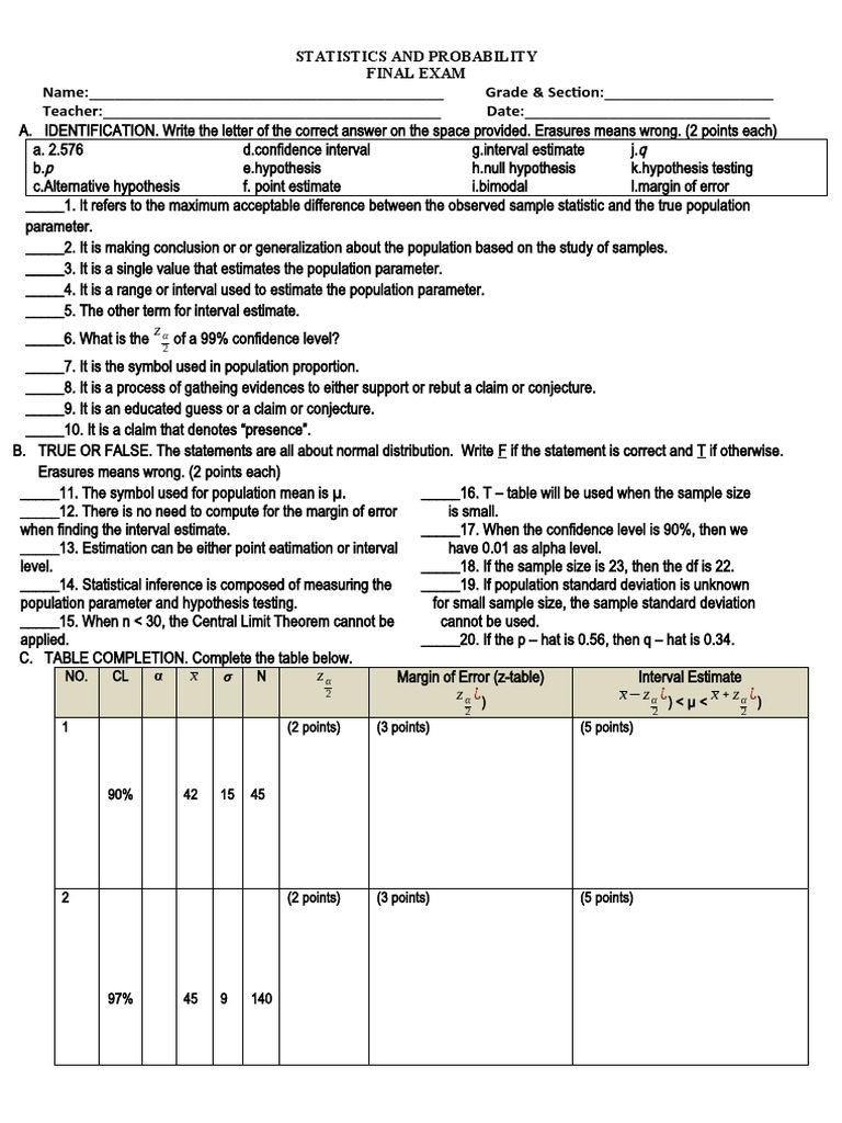 Stat And Prob Final Exam Pdf Sample Size Determination Confidence