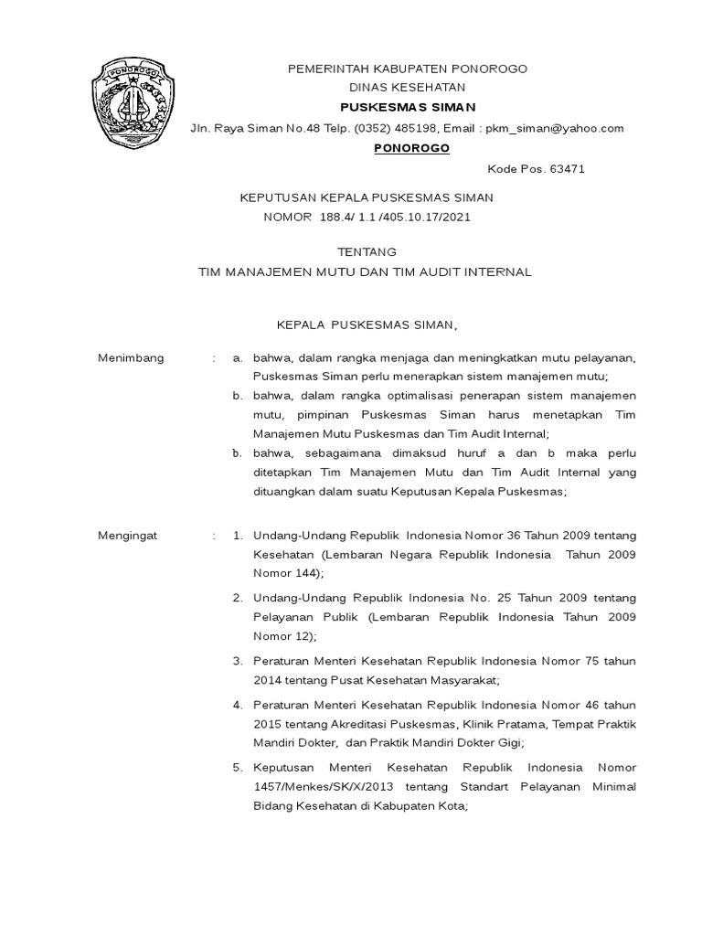 (Baru) SK TIM MUTU DAN AUDIT INTERNAL | PDF