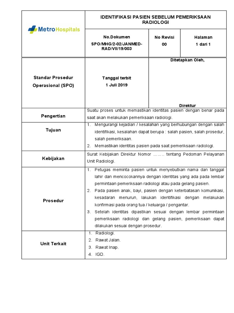 SPO Identifikasi Pasien Sebelum Pemeriksaan Radiologi | PDF