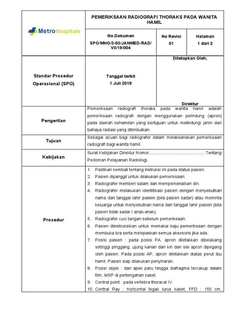 SPO Pemeriksaan Radiografi Thoraks Pada Wanita Hamil | PDF