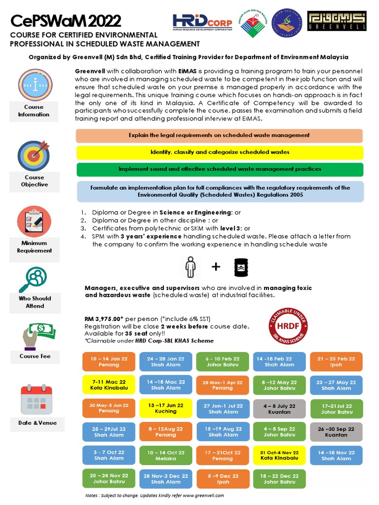 Overview of the CePSWaM 2022 Course for Certified Environmental Professional in Scheduled Waste ...