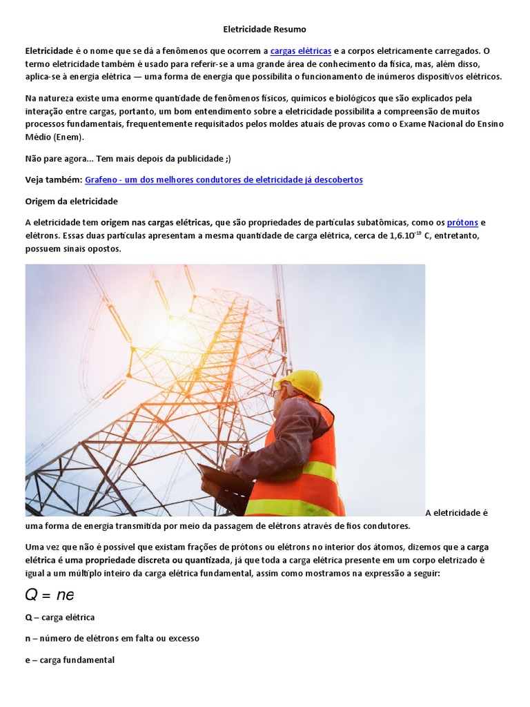 Eletricidade Resumo Pdf Carga Elétrica Eletricidade