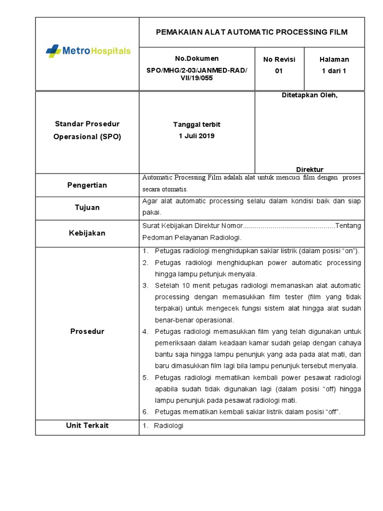 Pemakaian Alat Automatic Processing Film | PDF