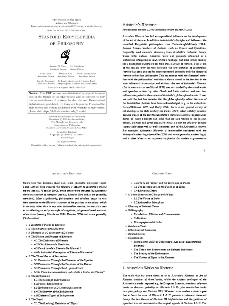 Stanford Encyclopedia of Philosophy: Aristotle's Rhetoric | PDF ...