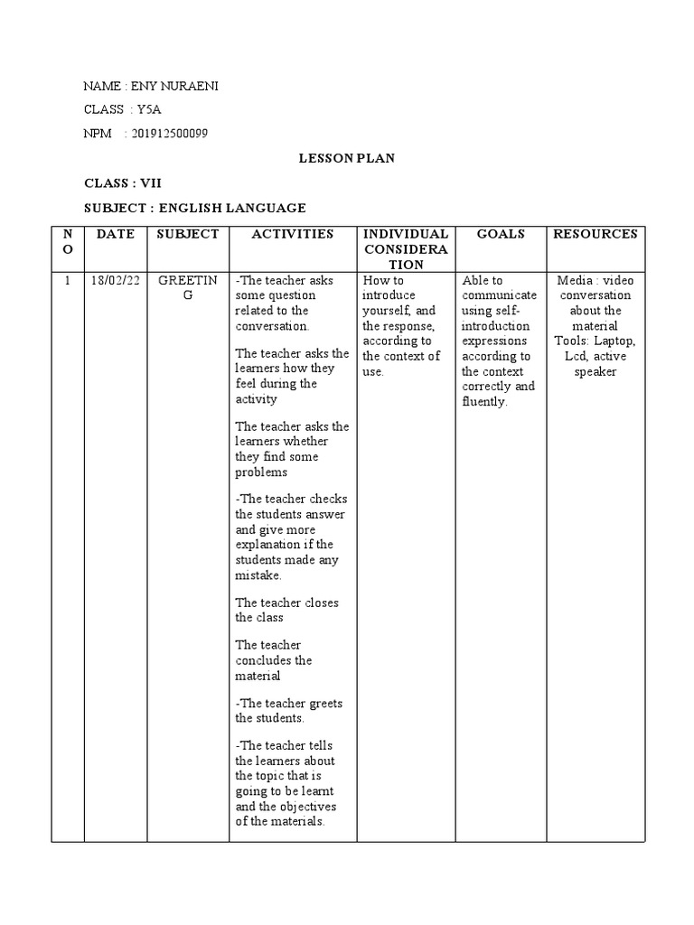 Lesson Plan Class: Vii Subject: English Language N O Date Subject ...