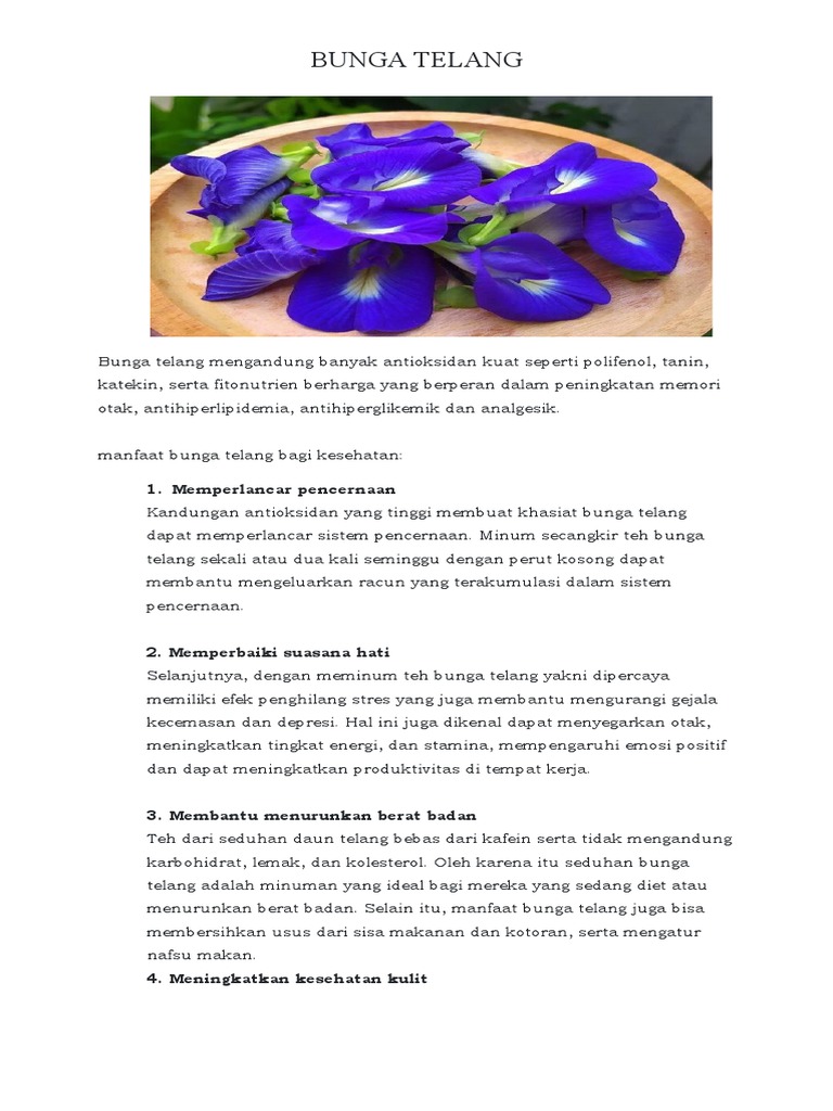 Manfaat Kesehatan Bunga Telang | PDF | Memasak, Makanan, & Anggur ...