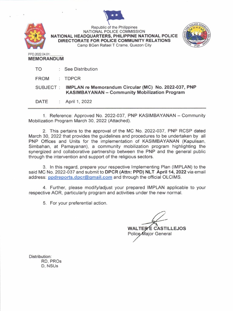 Memorandum Circular (MC) No 2022-037, PNP Kasimbayanan - Community ...