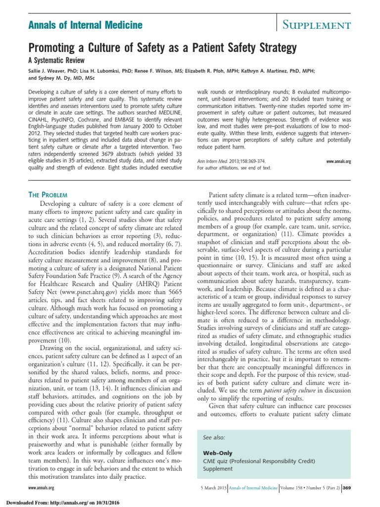 Supplement: Promoting A Culture of Safety As A Patient Safety Strategy ...