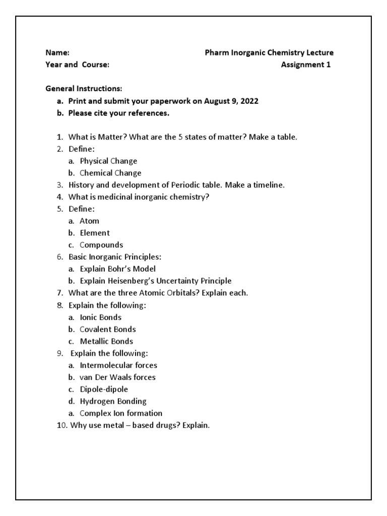 Assignment 1 - Inorganic Chemistry Lecture PRELIM | PDF