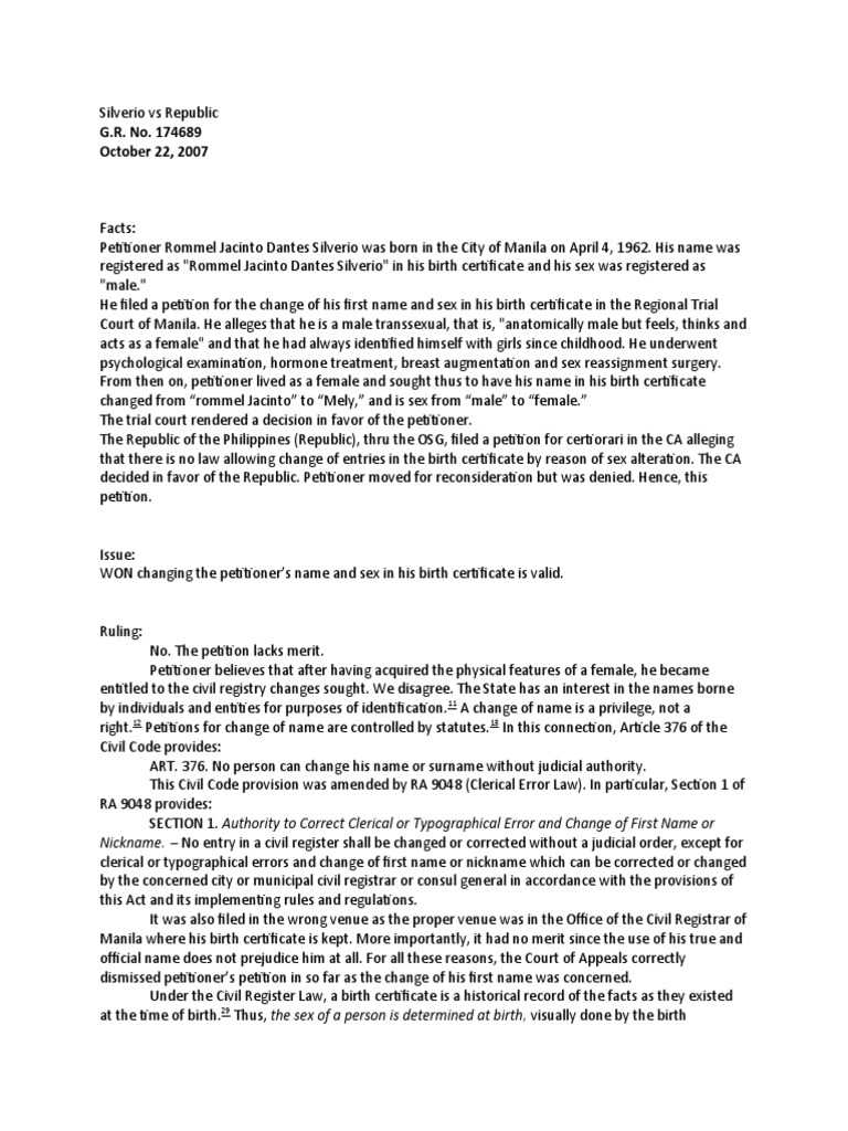 Silverio Vs Republic Case Digest | PDF | Birth Certificate | Justice
