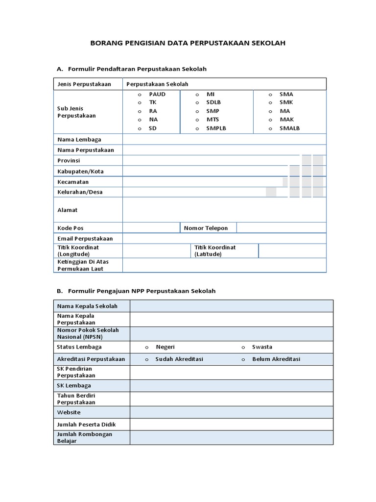 FORMULIR PENGISIAN DATA PERPUSTAKAAN SEKOLAH | PDF