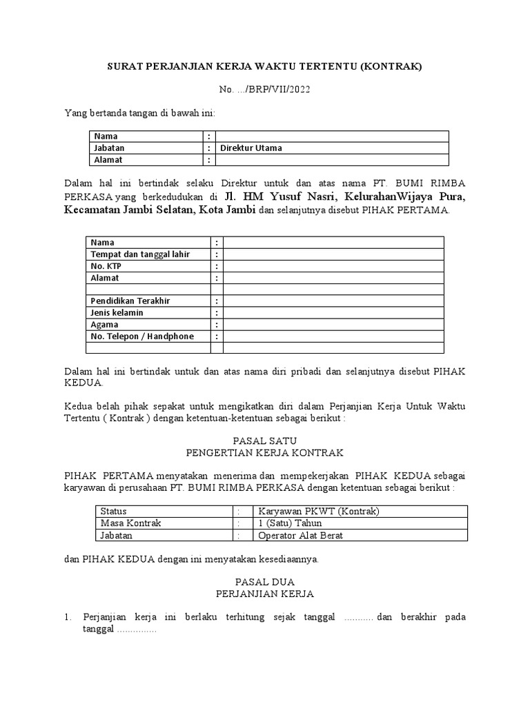Surat Perjanjian Kerja Waktu Tertentu | PDF