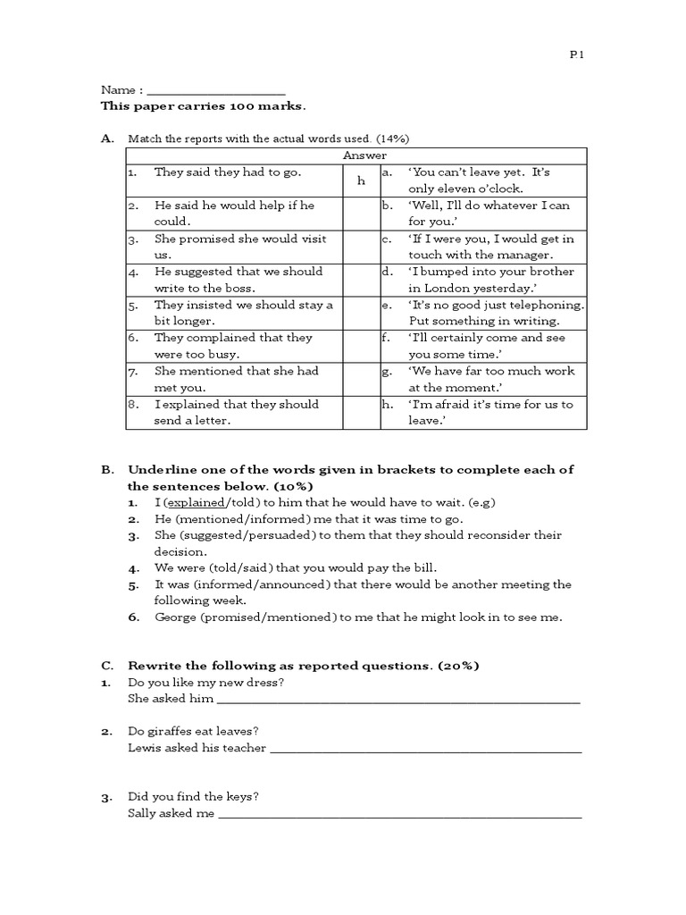 Reported Speech Exercises Pdf