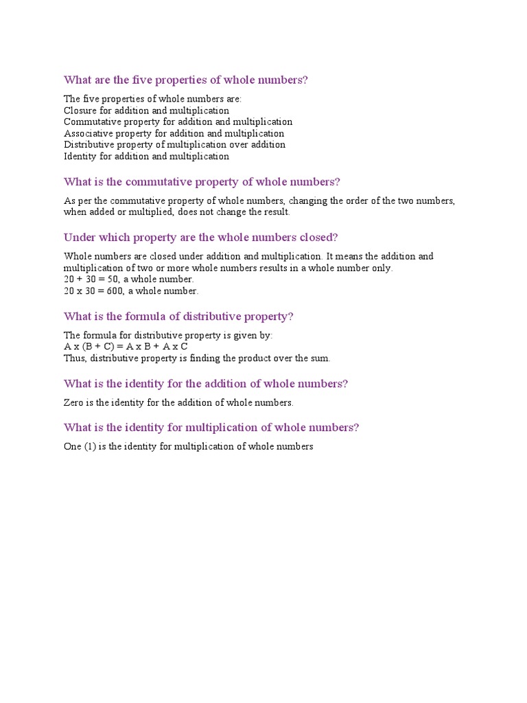 Properties of Whole Numbers Explained | PDF | Multiplication | Natural ...