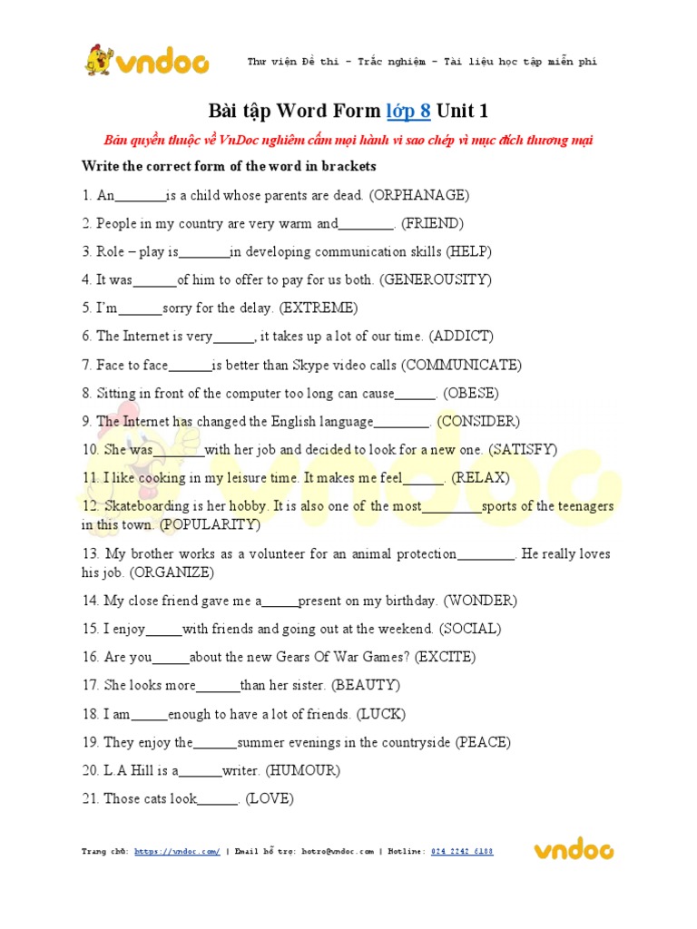 Bai Tap Word Form Lop 8 Unit 1 | PDF | Games & Activities