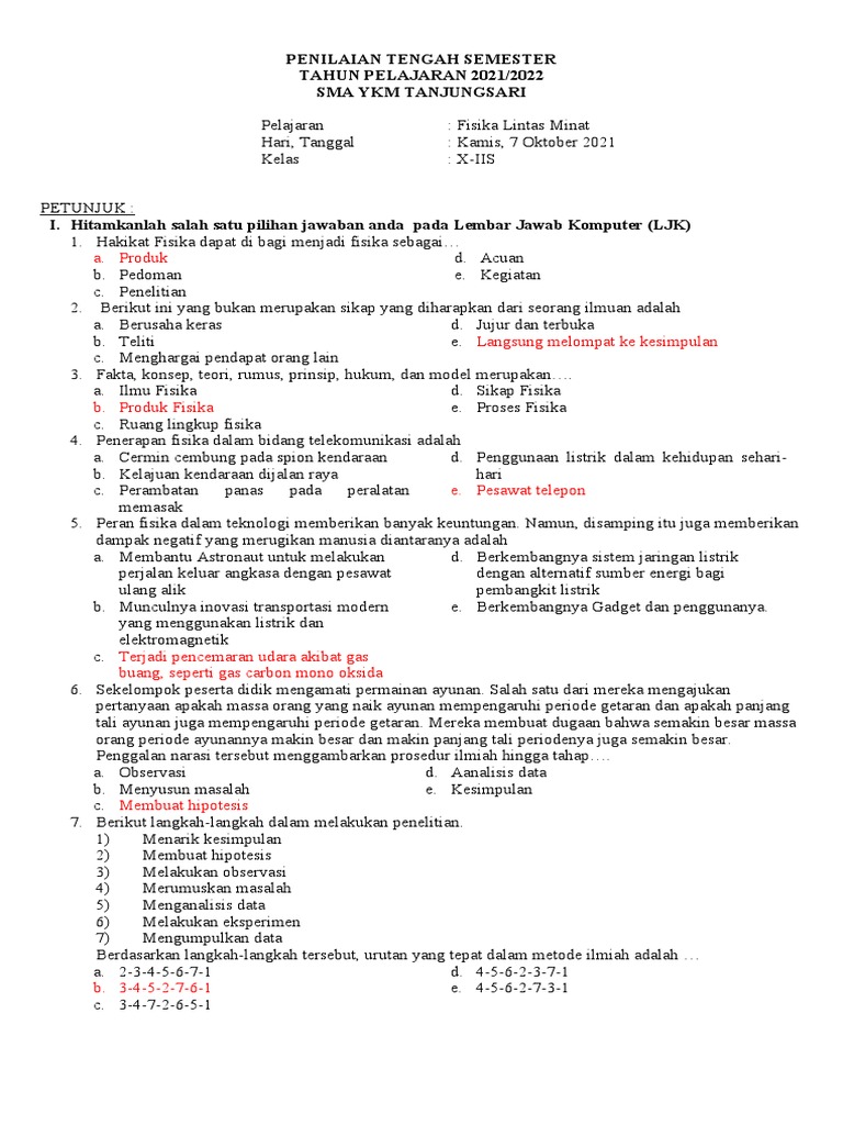 Jawaban PTS Ganjil Fisika X IIS (Jamilatus Sholihah) | PDF
