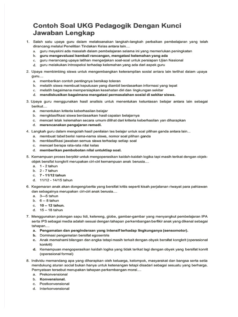 PDF Contoh Soal Ukg Pedagogik Dengan Kunci Jawaban Lengkap - Compress | PDF
