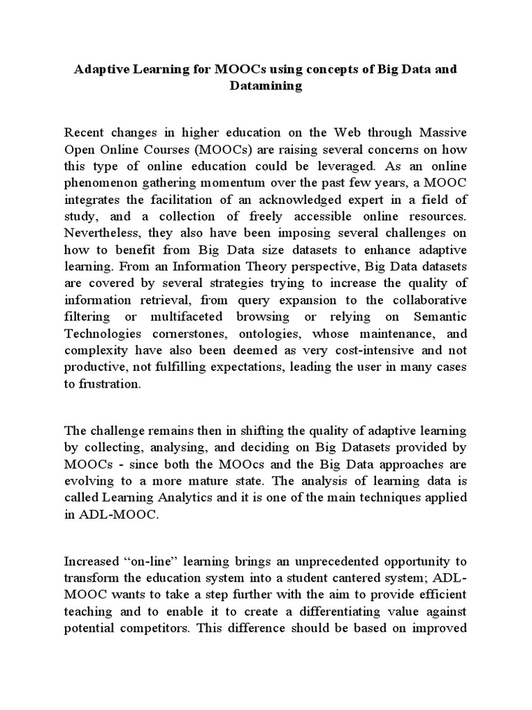 Adaptive Learning For MOOCs Using Concepts of Big Data and Datamining | PDF | Big Data | Massive ...