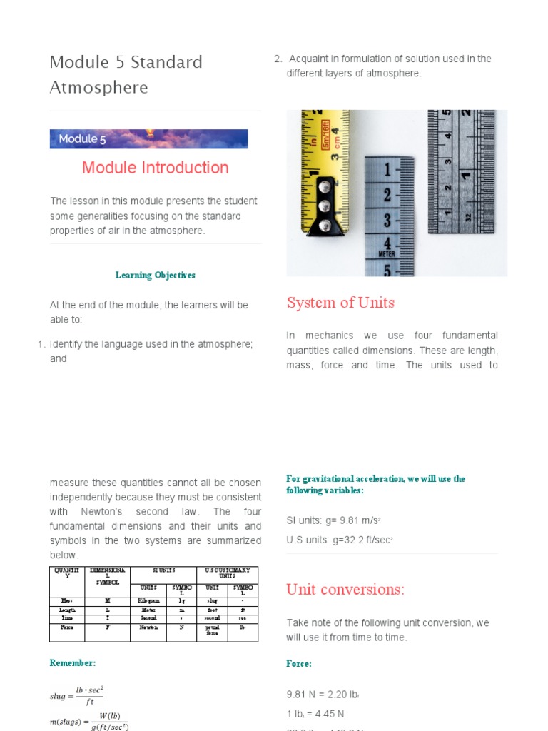 Module 5 Standard Atmosphere | PDF | Lift (Force) | Pressure Measurement