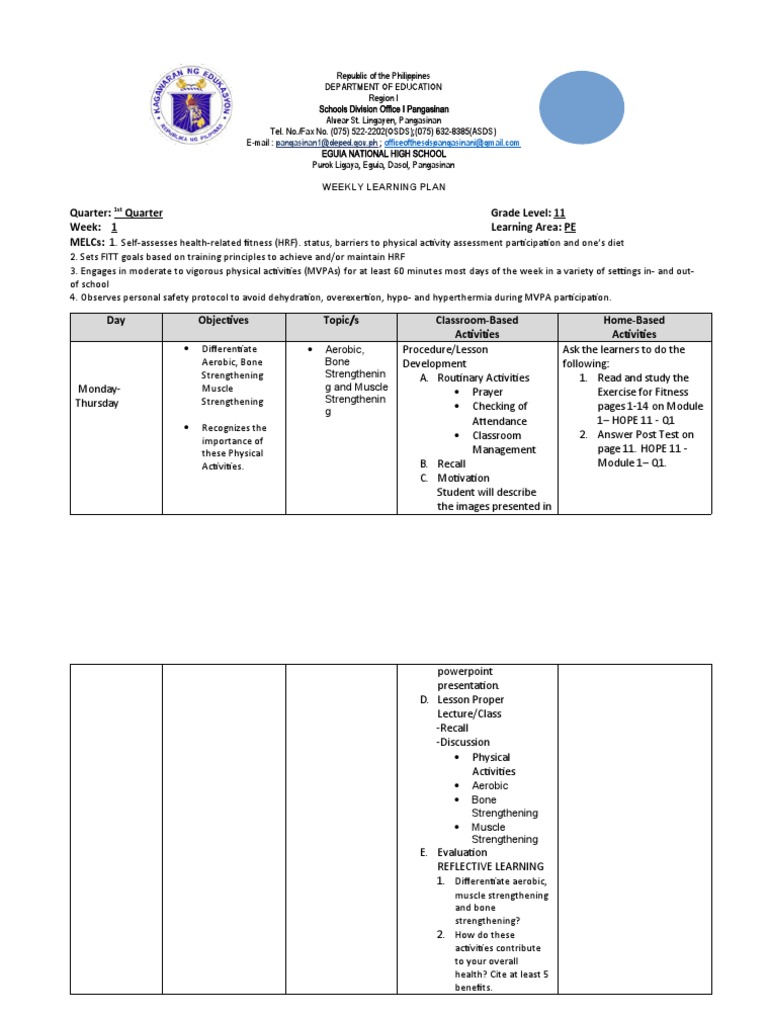 Quarter: Quarter Grade Level: 11 Week: 1 Learning Area: Pe Melcs: 1 | PDF | Physical Fitness ...