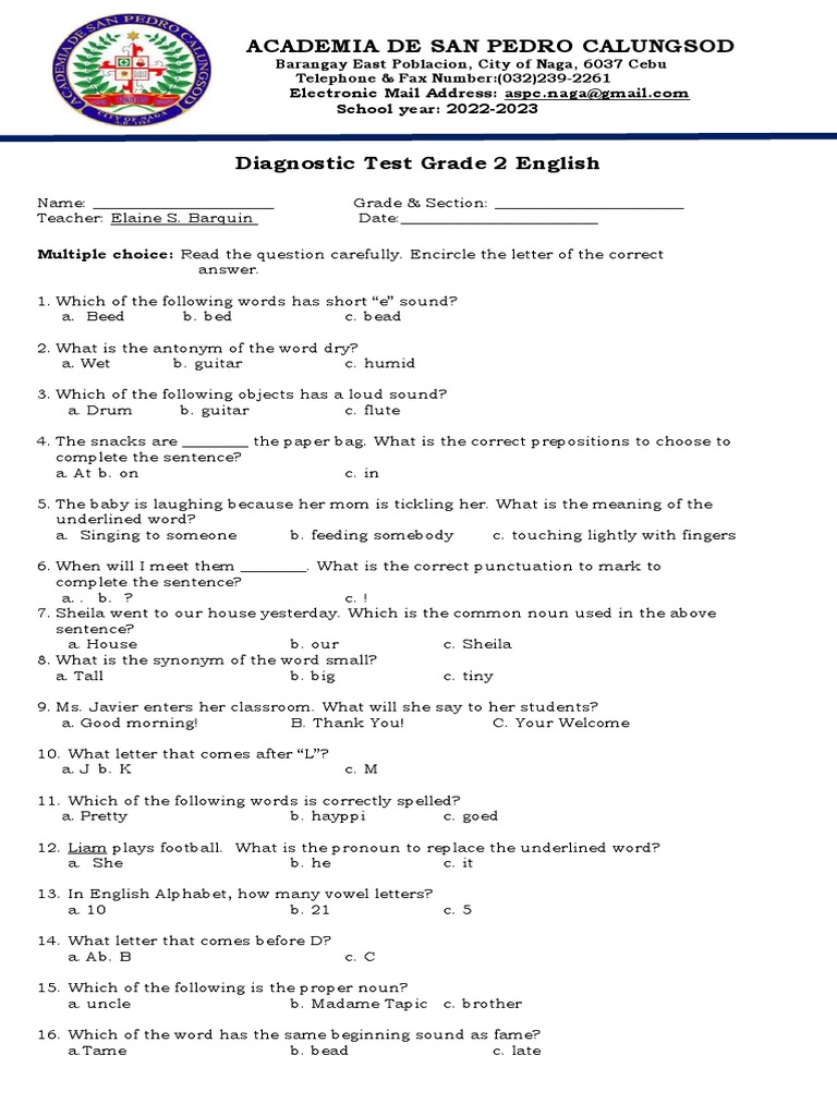 Diagnostic Test Grade 2 English: Academia de San Pedro Calungsod | PDF ...
