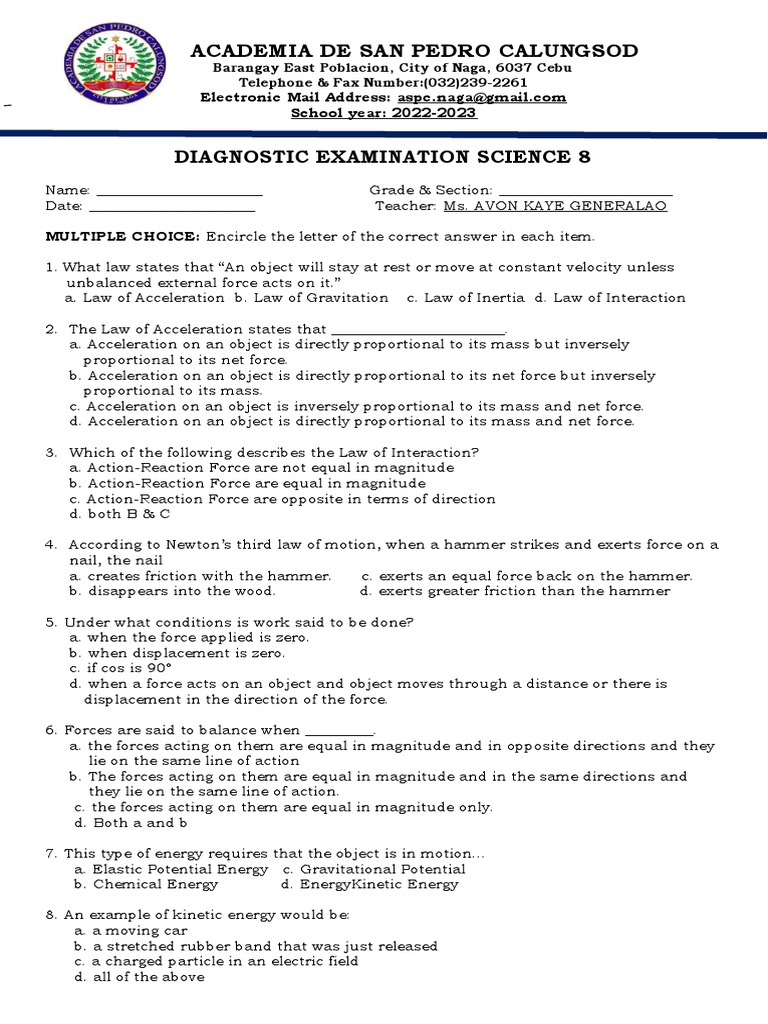 Diagnostic Test (Grade 8) | PDF | Force | Meteoroid