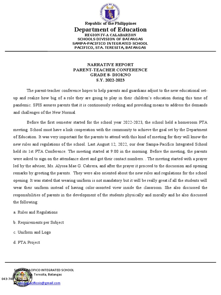 NARRATIVE REPORT Parent Teacher Conference | PDF | Leadership | Cognition