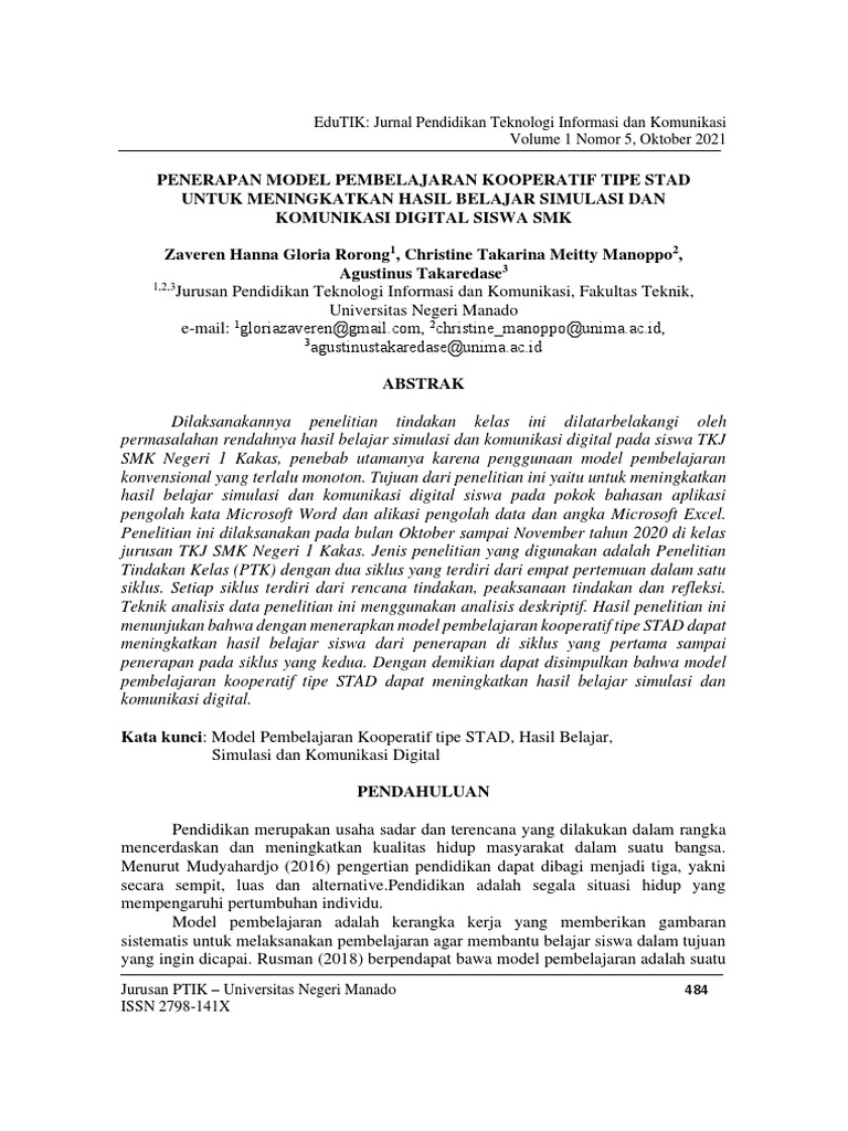 Penerapan Model Pembelajaran Kooperatif Tipe Stad Untuk Meningkatkan Hasil Belajar Simulasi Dan ...