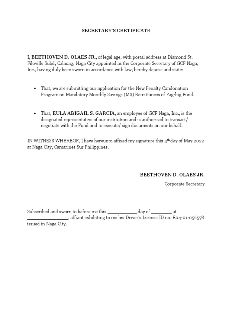 Certificate Authorizing an Employee to Represent the Company in ...