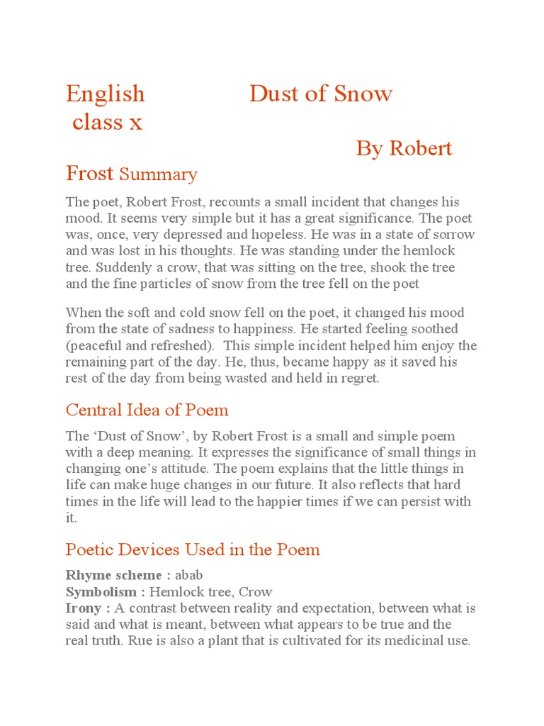 English Dust of Snow Class X: by Robert Frost | PDF | Poetry | Trees