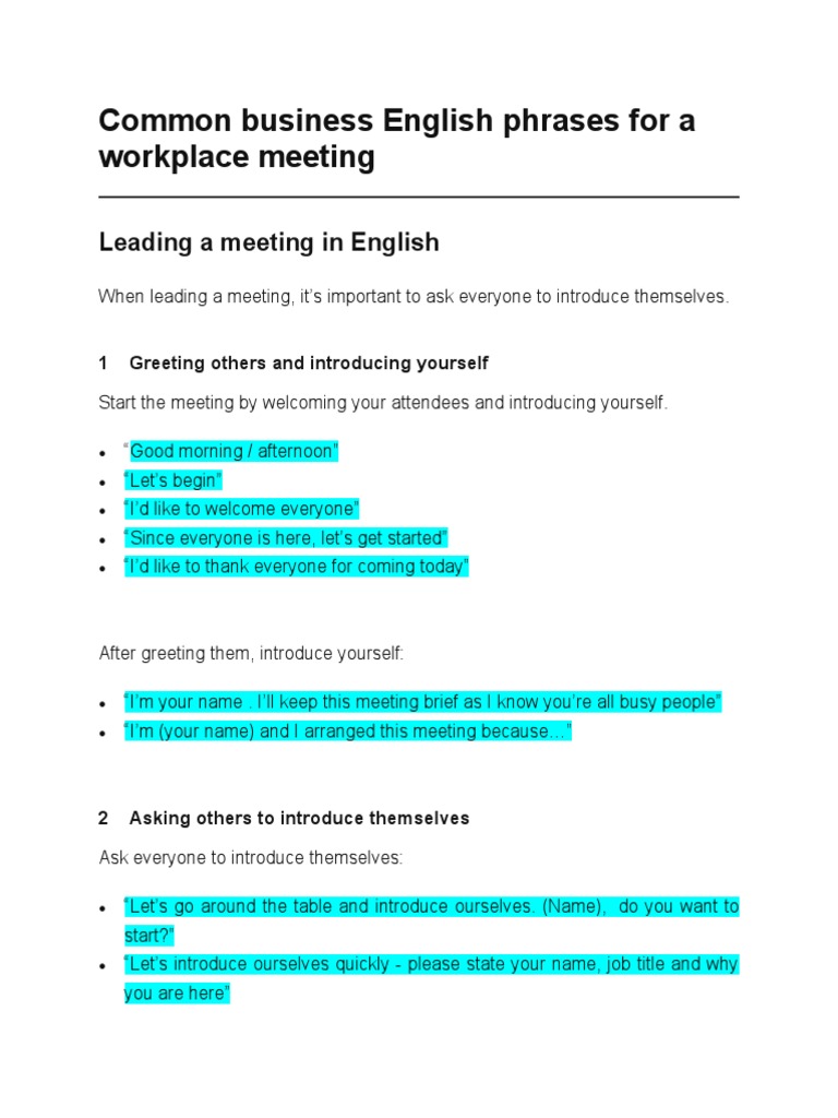 Common Business English Phrases For A Workplace Meeting | PDF