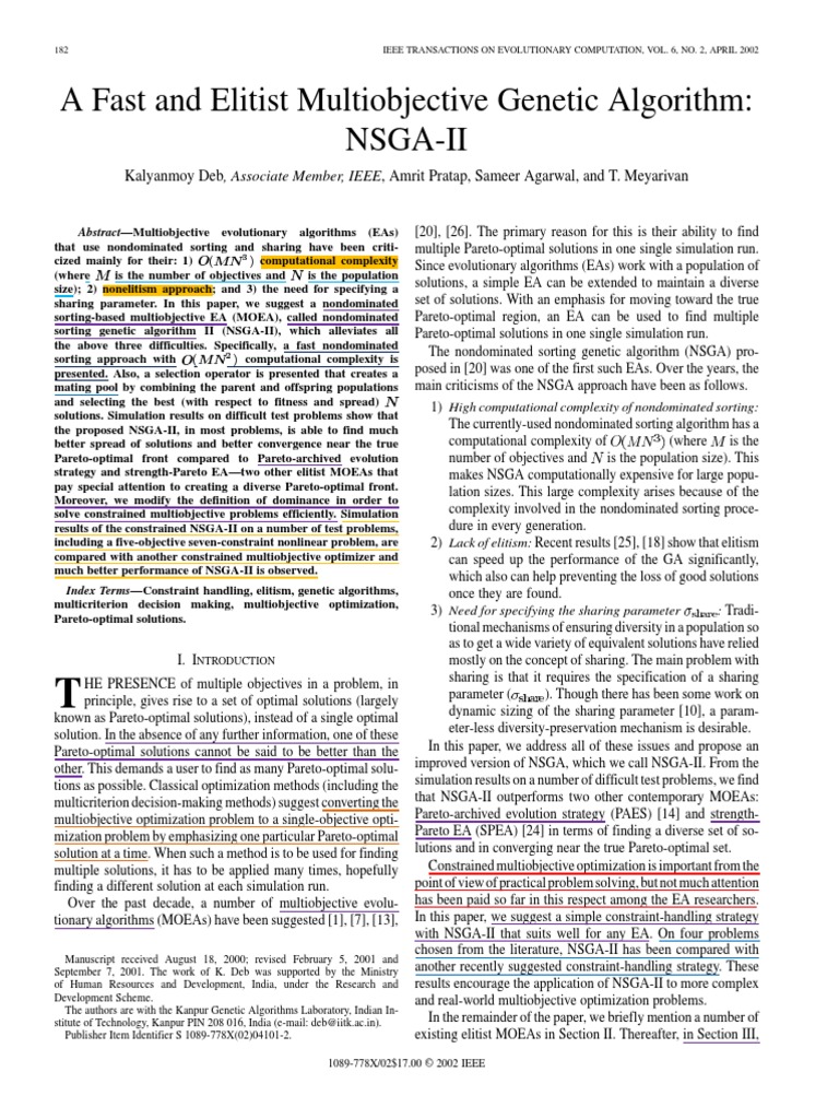 A Fast And Elitist Multiobjective Genetic Algorithmnsga Ii Pdf Mathematical Optimization