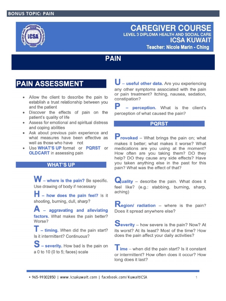 Lesson Notes - Pain Assessment | PDF