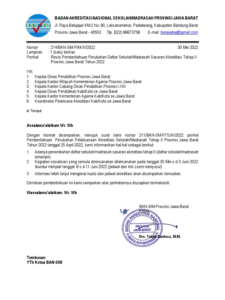 Rev. Surat Pemberitahuan Pelaksanaan Akreditasi Tahap II Tahun 2022 | PDF Rev. Surat Pemberitahuan Pelaksanaan Akreditasi Tahap II Tahun 2022 | PDF