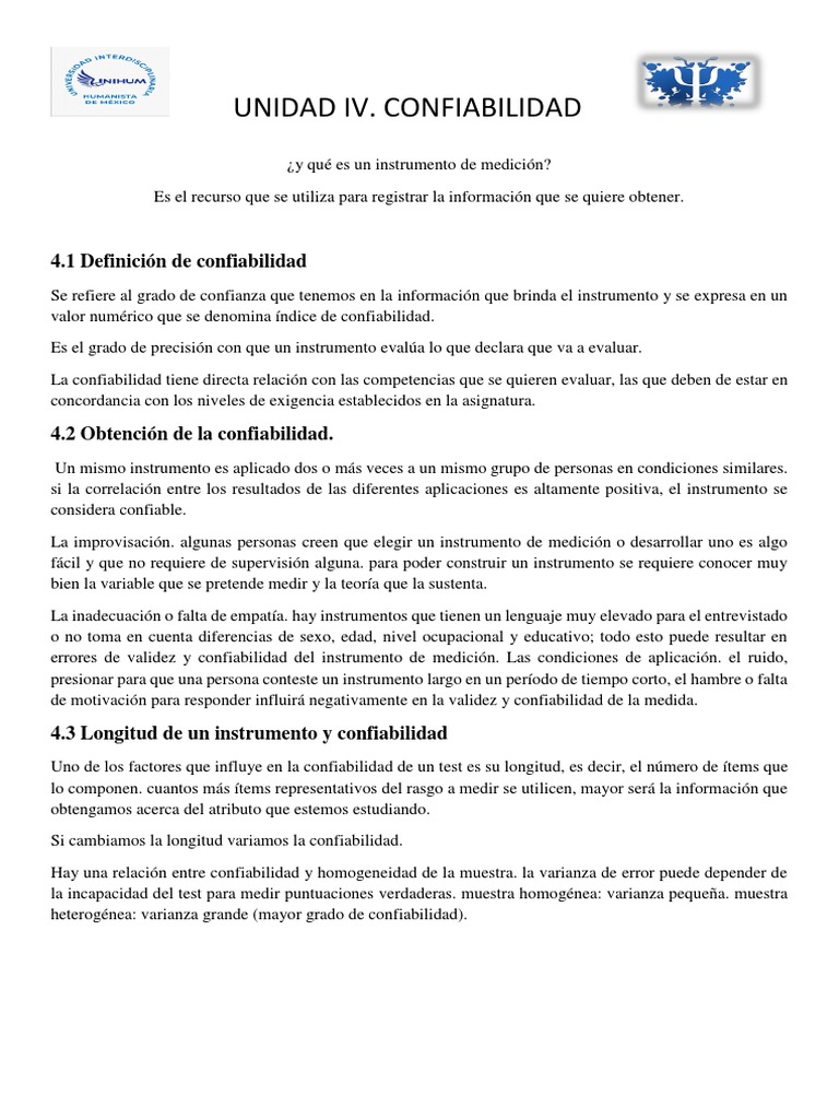 Unidad Iv. Confiabilidad | PDF | Validez (Estadísticas) | Medición