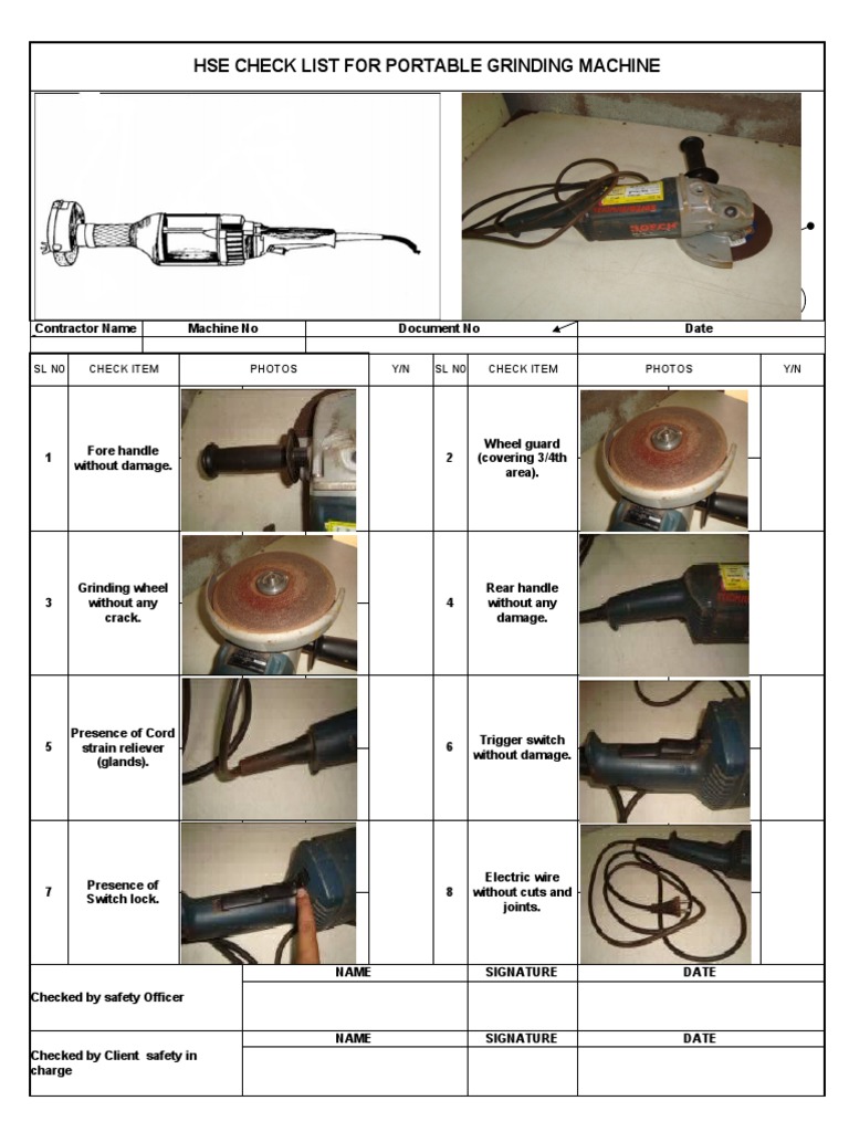 Hse Check List For Portable Grinding Machine | PDF | Manufactured Goods | Tools