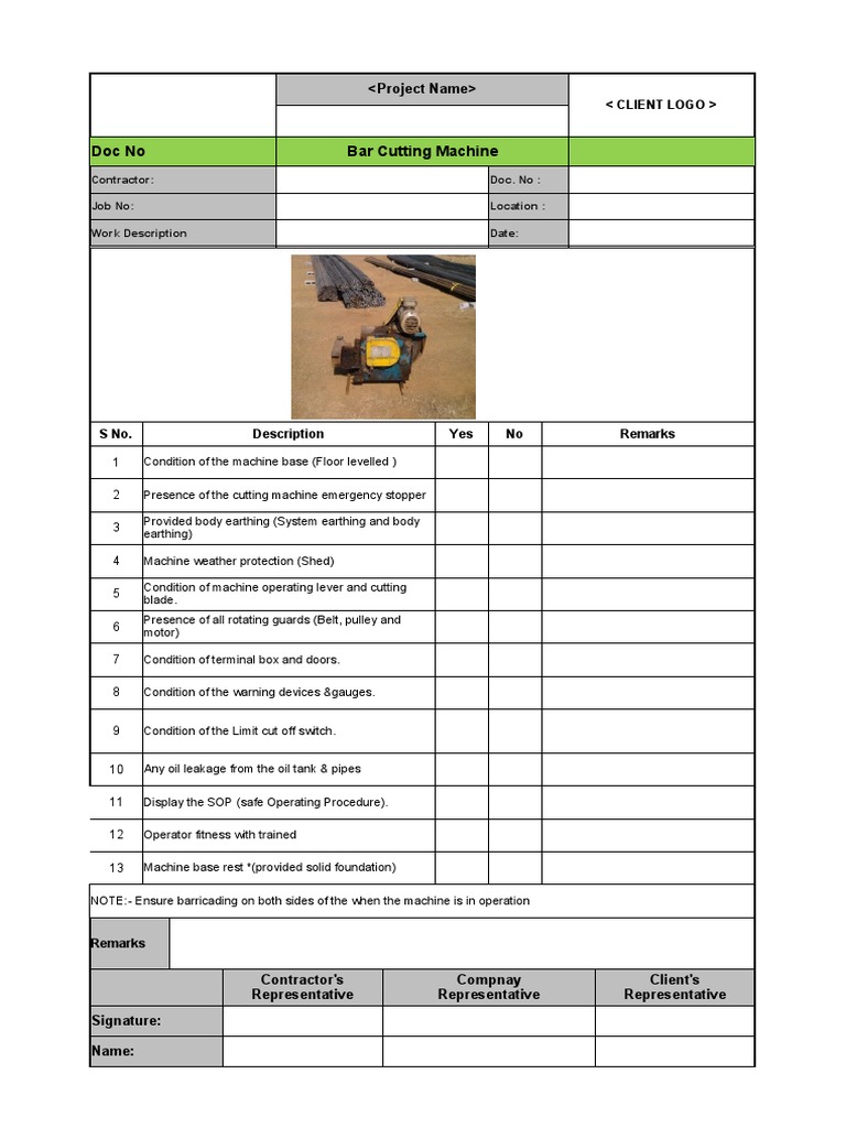 Bar Cutting Machine Safety Checklist | PDF | Technology & Engineering