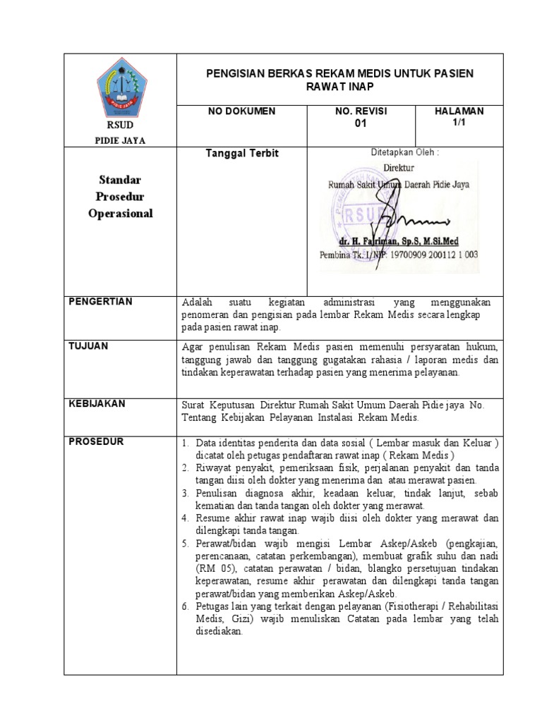 SPO Prosedur Pengisian Berkas Rekam Medis Untuk Pasien Rawat Inap | PDF