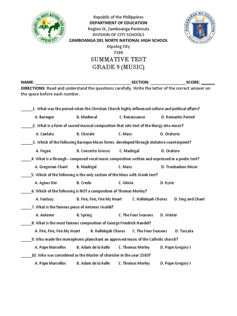 Summative Assessment on Music Periods and Composers: A Review Test for ...