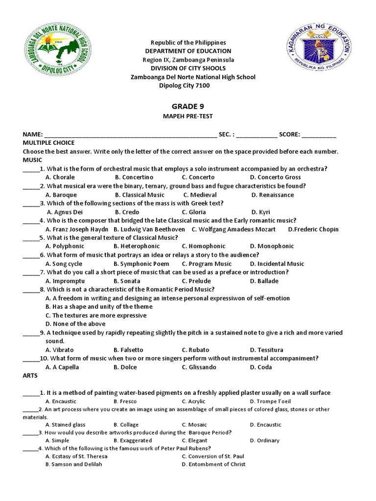Grade 9 MAPEH Pre-Test Questions | PDF | Classical Music | Paintings