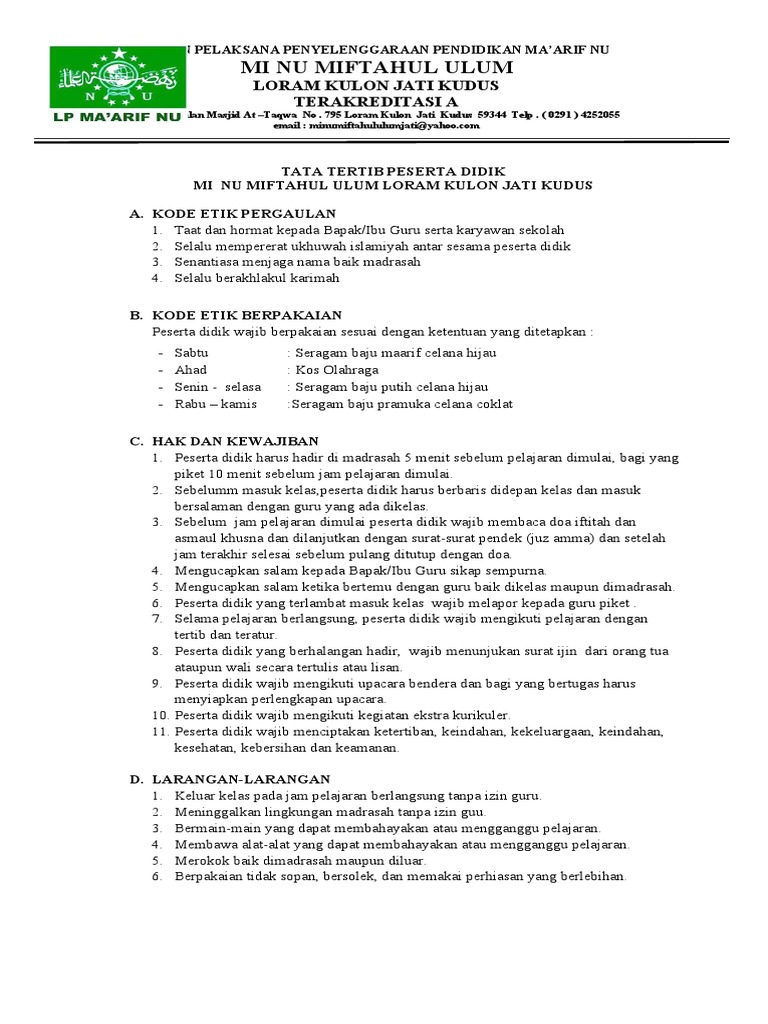 Tata Tertib Peserta Didik Mi Nu Miftahul Ulum | PDF