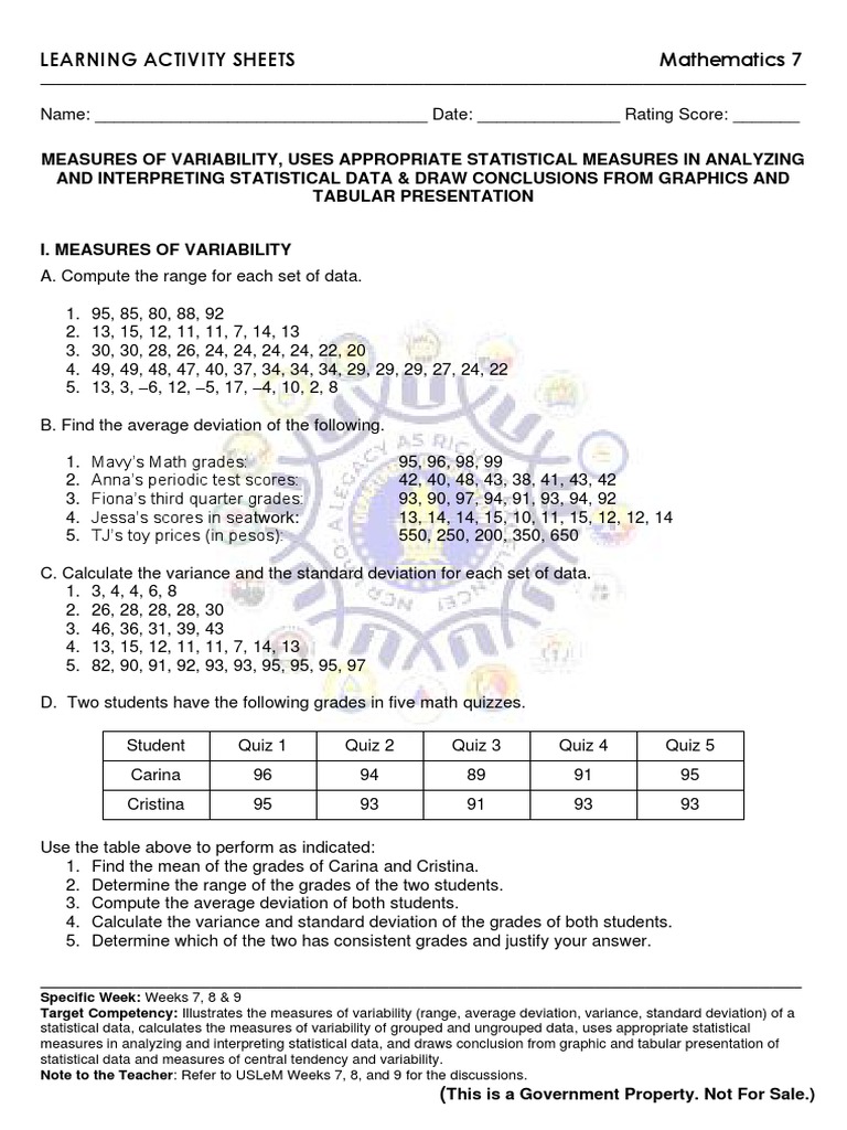 Math 7 - Q4 - Las 4 RTP | PDF | Variance | Statistics